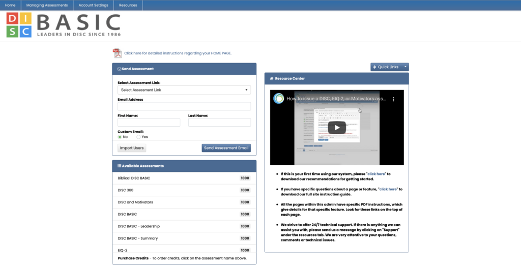 Open Your Assessment Admin Site for DISC, EiQ-2, and Motivators